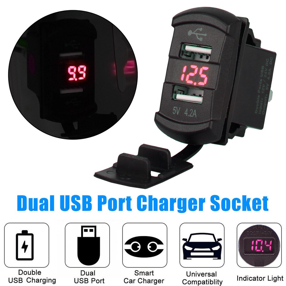 12V-24V Dual USB Charger LED Digital Display Voltage Amp Gauge Ammeter ...