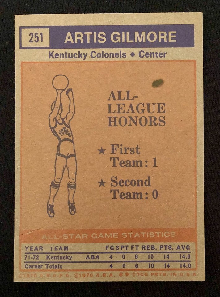 1972-73 Topps NBA Card Artis Gilmore 1st Team ABA All-Stars #251 CF ...