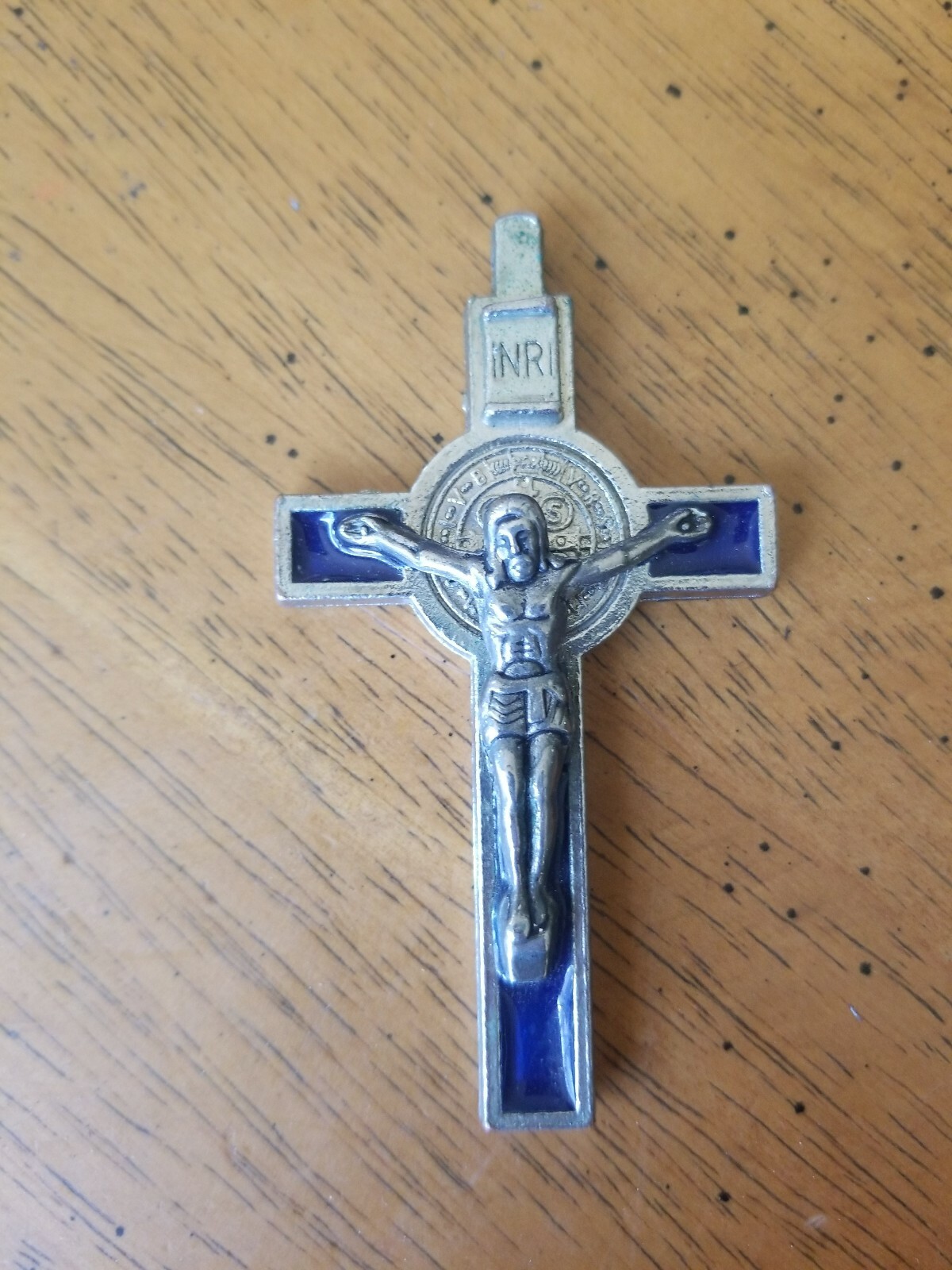 Wonderful Large 3" INRI Cross Crucifix Medallion Metal w/Blue Enamel ...