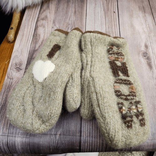 Wool felted hand crafted i love snow mittens Sz M/L | eBay