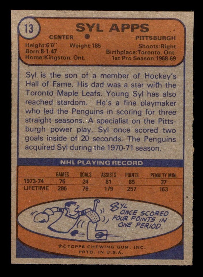 1974 Topps Hockey #13 Syl Apps NM/MT | eBay