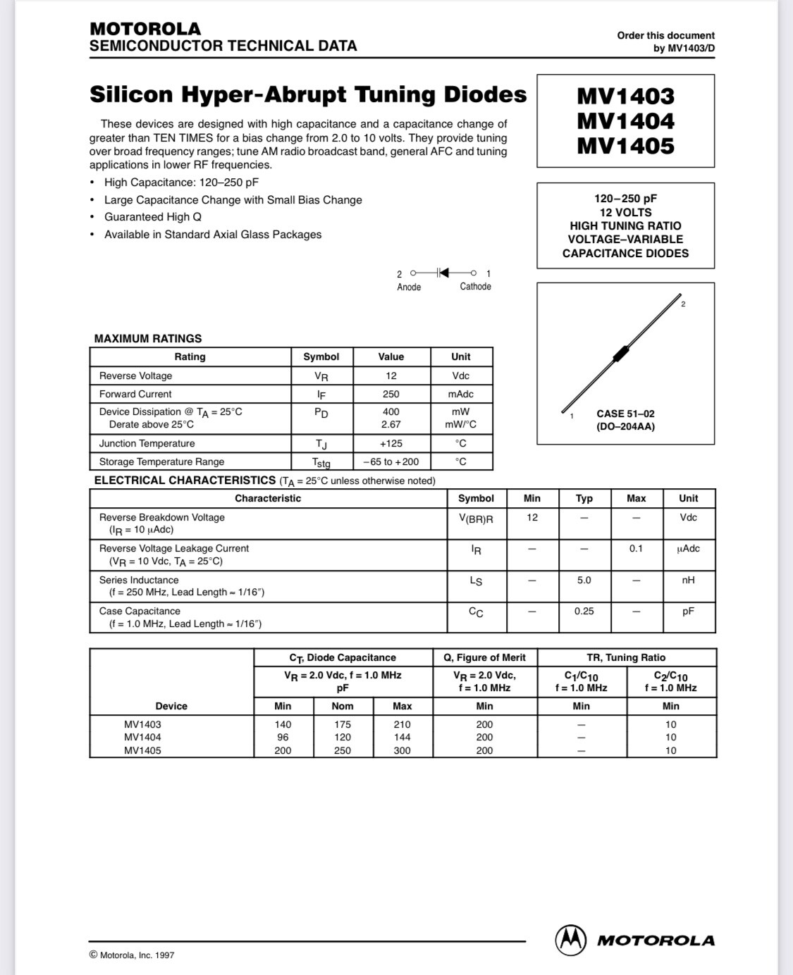 MV1405, Motorola, Silicon Hyper-Abrupt Tuning Diodes, DO204AA pkg X 1 ...