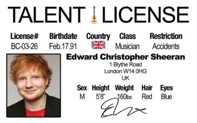 Edward Ed Sheeran London UK collectors card Drivers License novelty ...