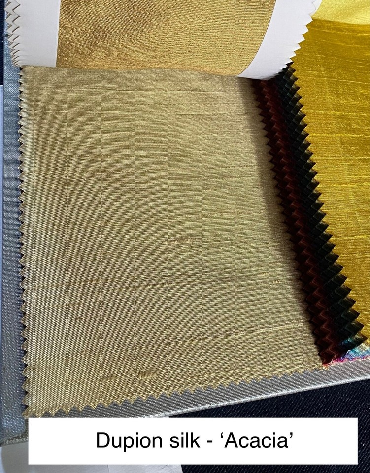 GOLD REAL SILK FABRIC SAMPLE. MTM WINDOW CURTAINS. PENCIL PINCH PLEAT ...