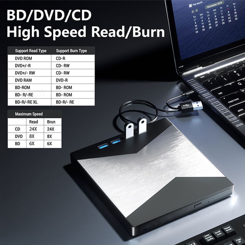 7 in 1 External 4K Blu-ray Optical Drive USB 3.0 Type-C External DVD RW ...
