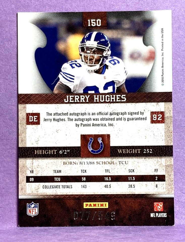 2010 Plates & Patches JERRY HUGHES Rookie Autograph /549 Rookie Card ...