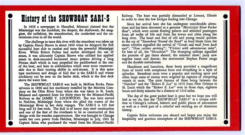 Showboat Sari-S Menu Chicago River Foot of Ontario Chicago Illinois ...