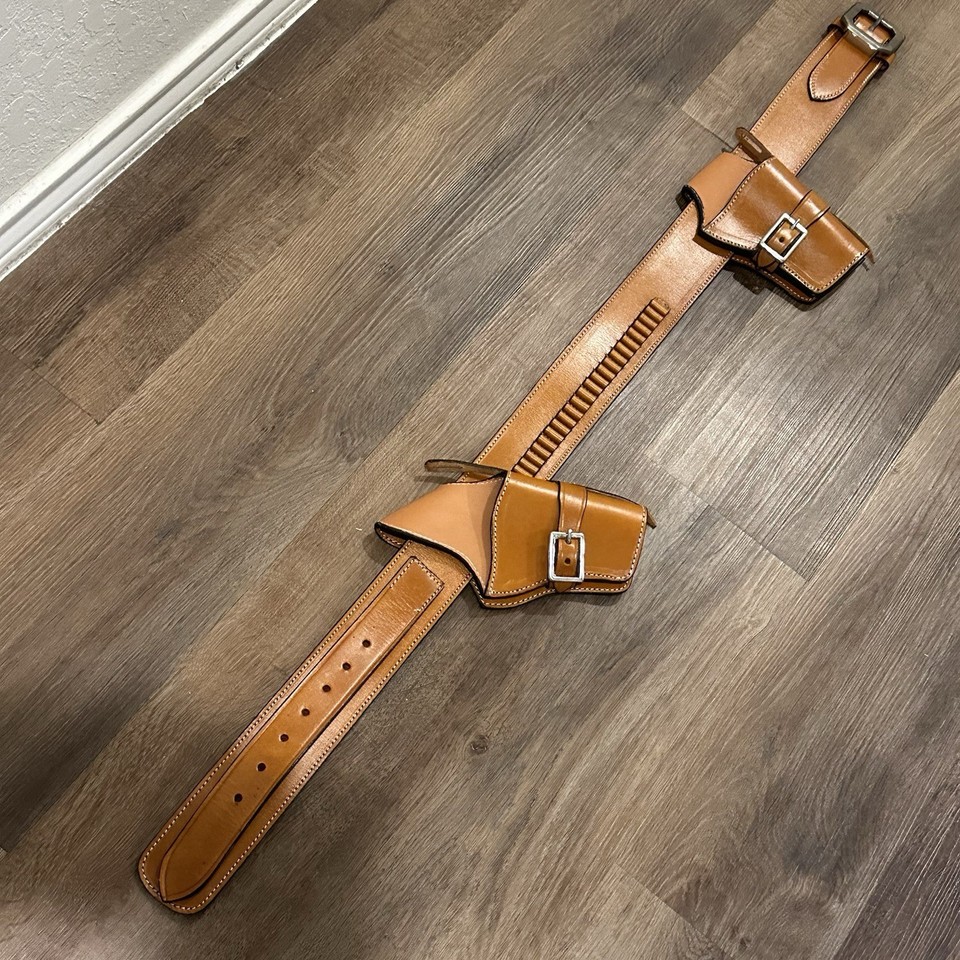 Dual Gun Holster Belt Brown Leather Fits .22 Revolvers Western Style 36 ...
