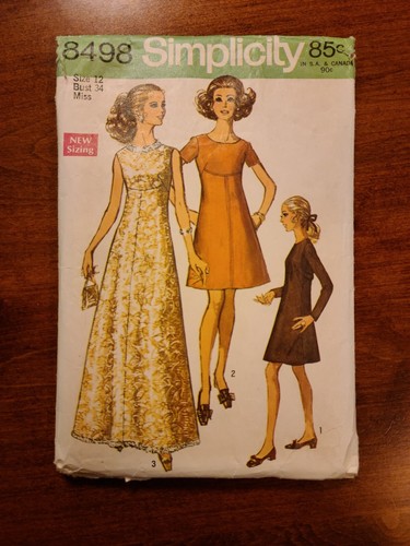 Vintage Sewing Pattern Simplicity 8498 Misses' Dresses Size 12, Bust 34 ...