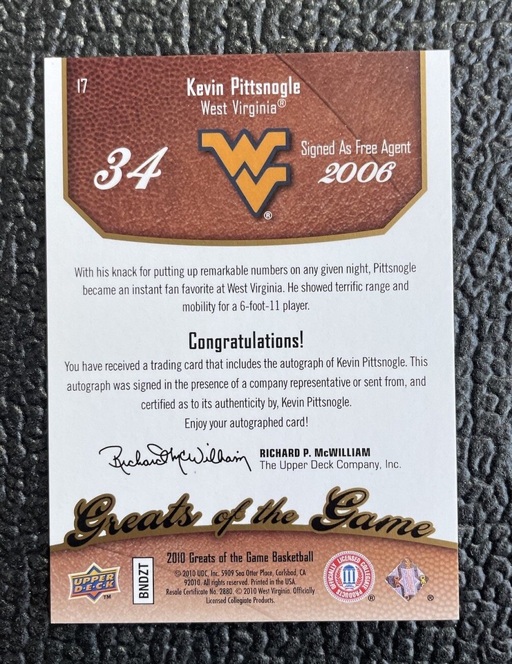 🔥KEVIN PITTSNOGLE 2010 UD GREATS OF THE GAME ROOKIE AUTOGRAPH!🔥WEST ...