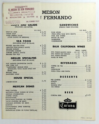 1982 Restaurant Menu EL MESON DE DON FERNANDO Ensenada Baja California ...