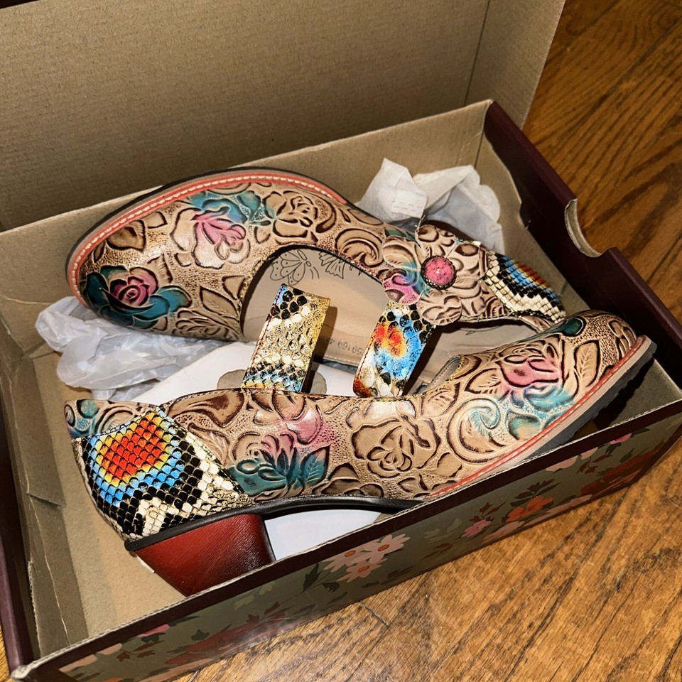 SOCOFY New & Box 40 US 9 All Leather Embossed Floral Southwest High ...