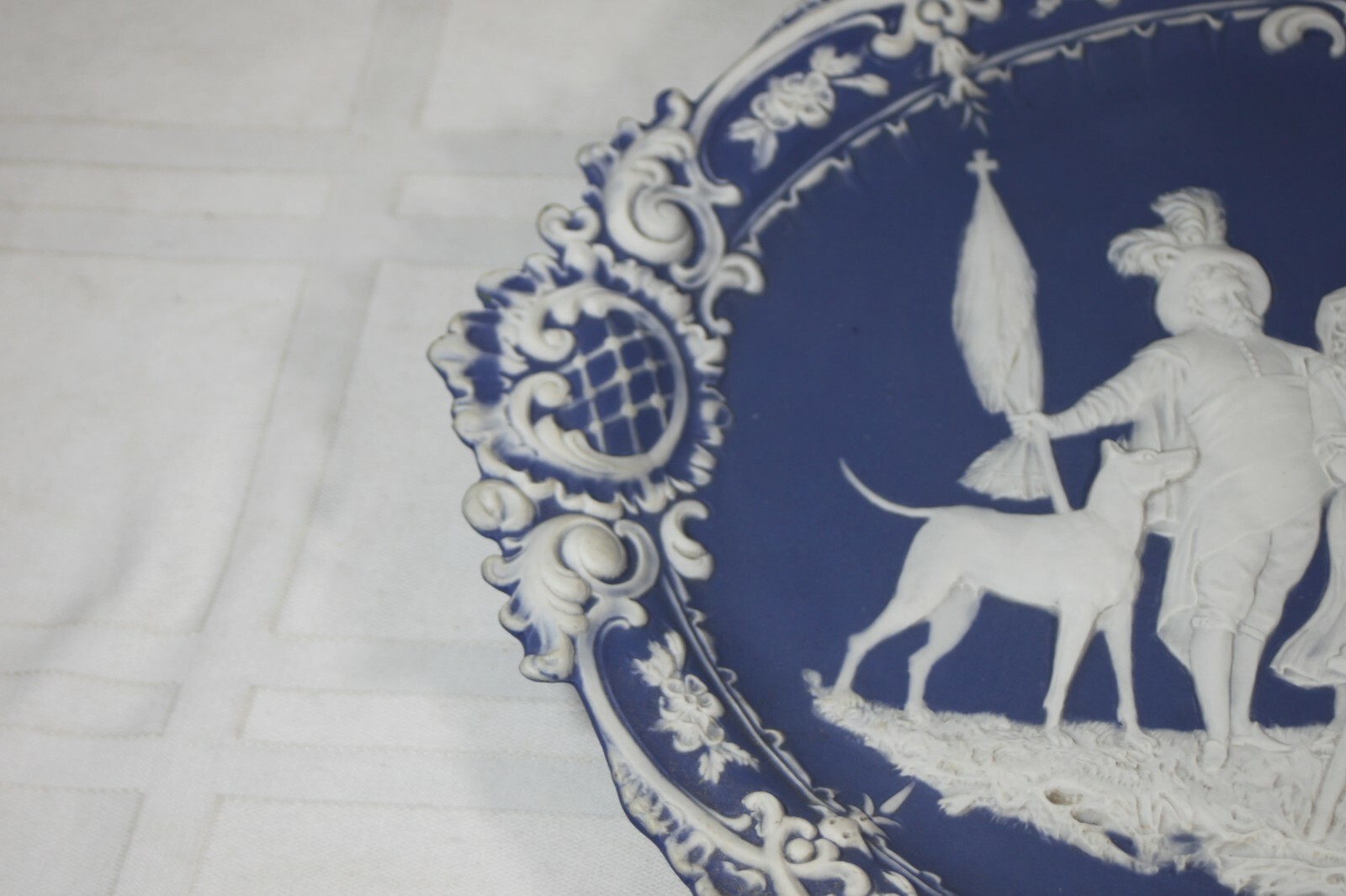 German Jasperware Blue Cameo Plaque Large Oval 13" Musician Ornate Rim ...