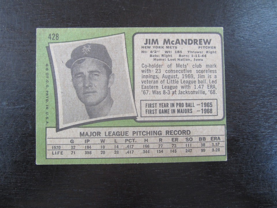 1971 Topps # 428 Jim McAndrew Autograph Signed Auto Card New York Mets ...