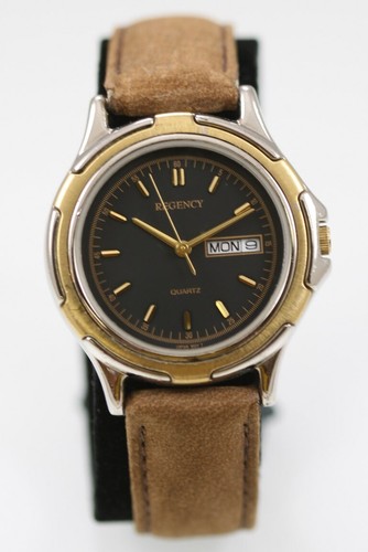 Regency Watch Men Silver Gold Stainless St Brown Leather Day Date Black ...