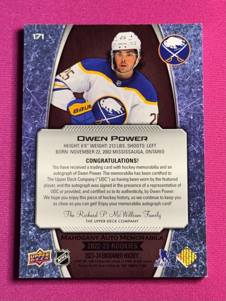 2023-24 Upper Deck Engrained Owen Power RC Rookie Patch Auto #25/25 SSP ...