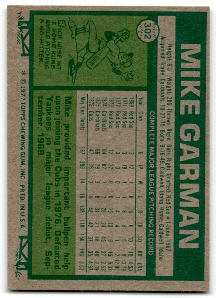 1977 Topps Mike Garman Chicago Cubs #302 | eBay