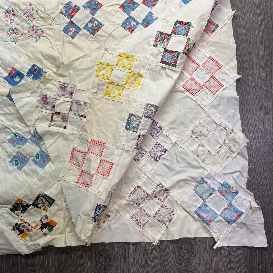 Vintage Antique 72x94" Postage Stamp 9-Patch Quilt Top Hand/machine ...