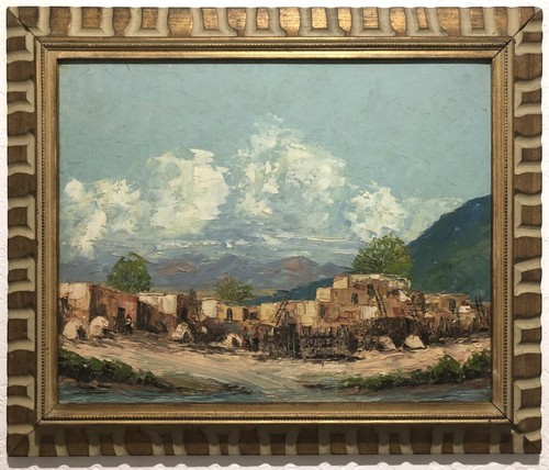 AMERICAN WEST Framed Oil ~ TAOS PUEBLO VIEW ~ c.1950s Signed LISTED ...