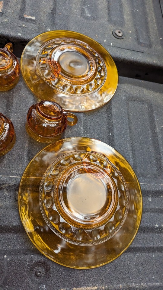 Amber Glass Set Snack Plates & Cups Mugs Drinkware Dishware Vintage | eBay