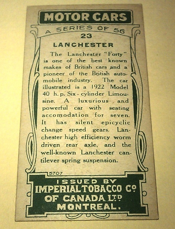 1924 LANCHESTER FORTY - Imperial Tobacco Co. CANADA Cigarette Card RARE ...