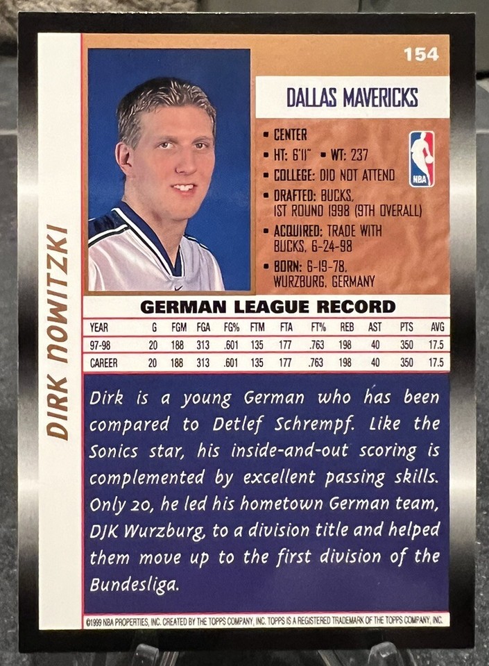 1998/99 Topps #154 Dirk Nowitzki Rookie Card NM-MT | eBay