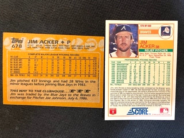 MLB - Jim Acker 1988 Topps & 1988 Score Baseball - Braves | eBay