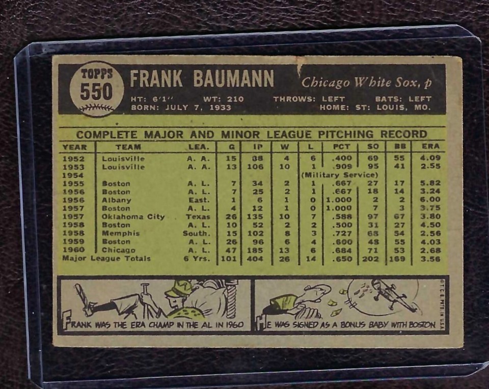 1961 Topps #550 Frank Baumann, Chicago White Sox, High Number, Fair! | eBay