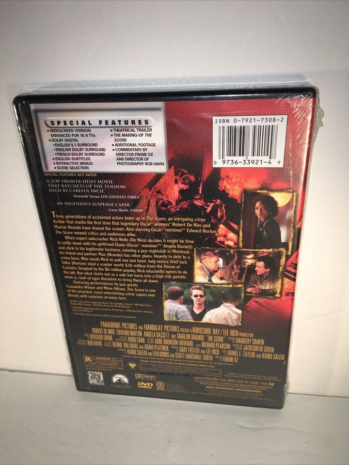 The Score DVD 2001 Robert De Niro Edward Norton Marlon Brando, NEW ...