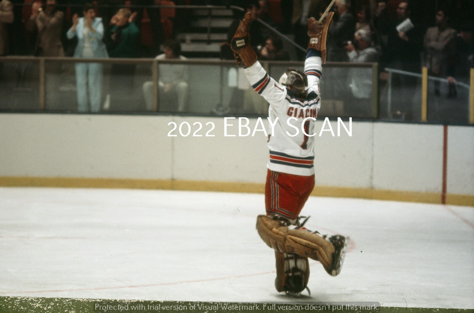 ED GIACOMIN Celebrates WIN 35mm COLOR SLIDE NEW YORK RANGERS HOF GOALIE ...
