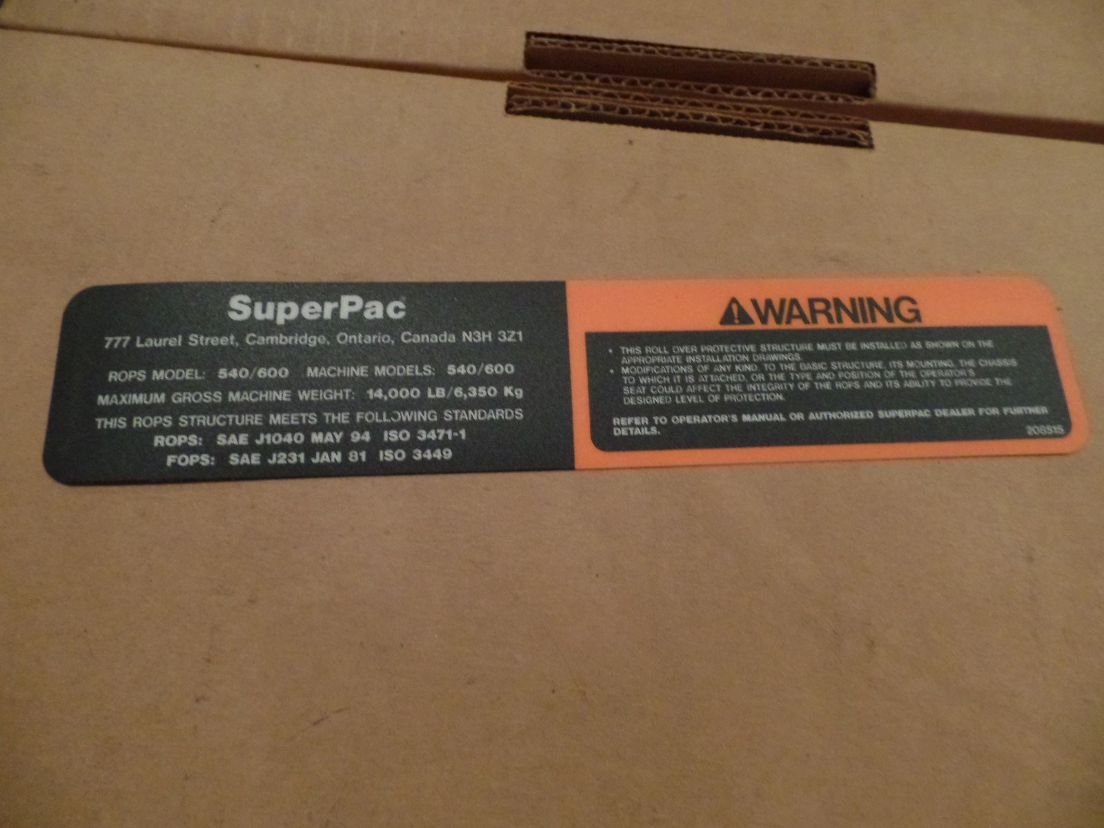 SUPERPAC 540 / 600 ROPS COMPLIANCE DECAL STICKER SP208515, SP 208515, N ...