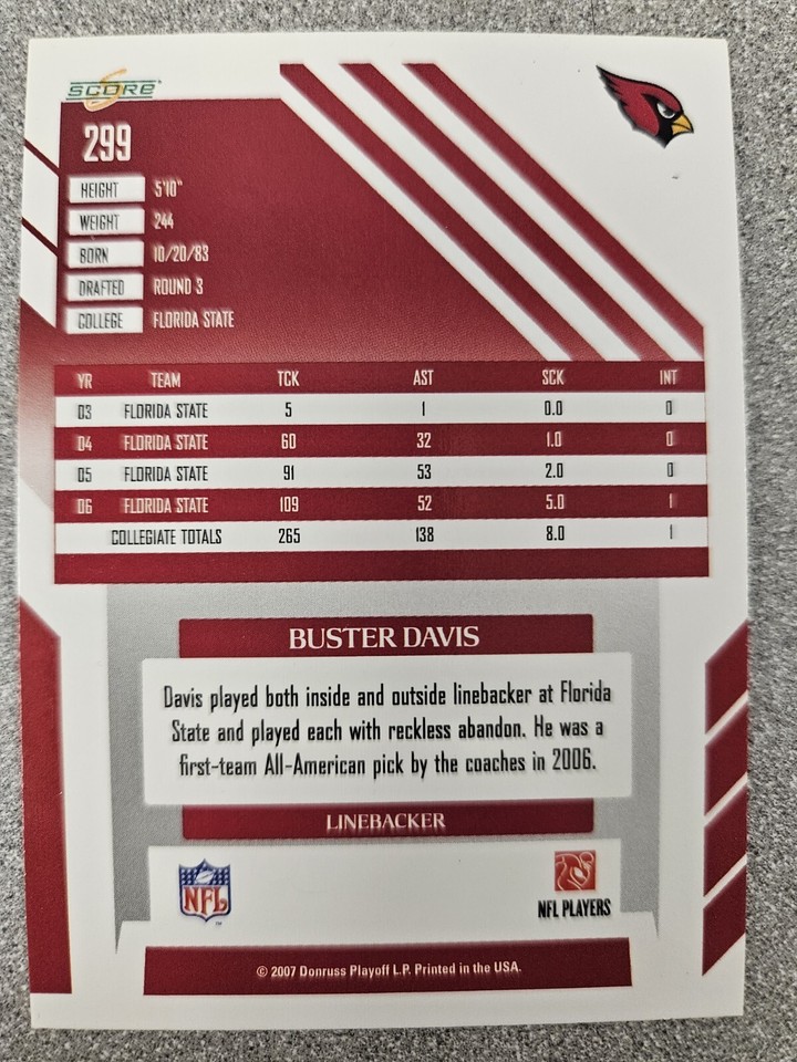 2007 Score #299 Buster Davis RC | eBay