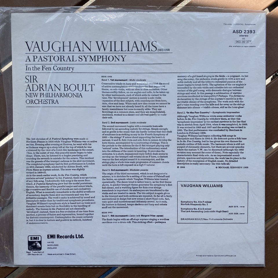 Adrian Boult Vaughan Williams A Pastoral Symphony LP HMV ASD2393 EX/EX ...