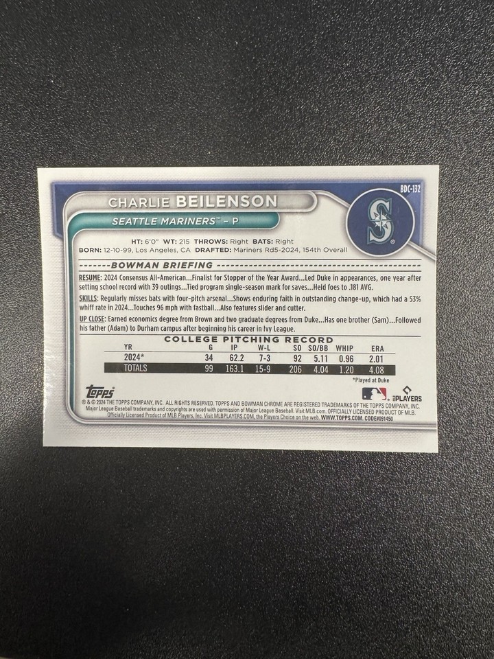 2024 Bowman Draft Charlie Beilenson 1st Chrome (RC) #BDC-132 Mariners ...