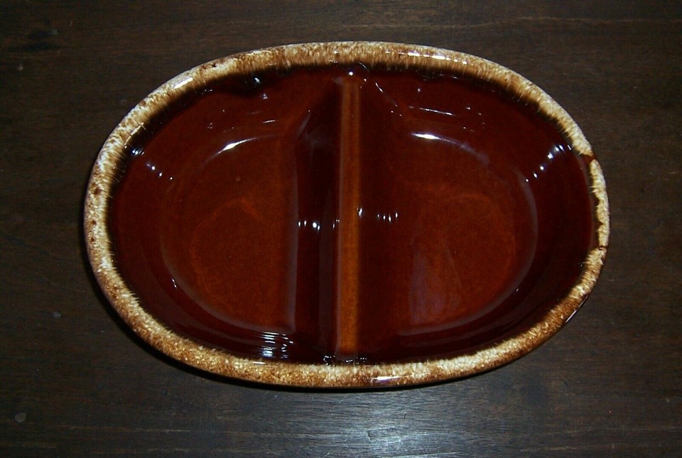 Divided Oval Serving Relish Dish Hull Oven Proof H.P. Co. USA Brown ...