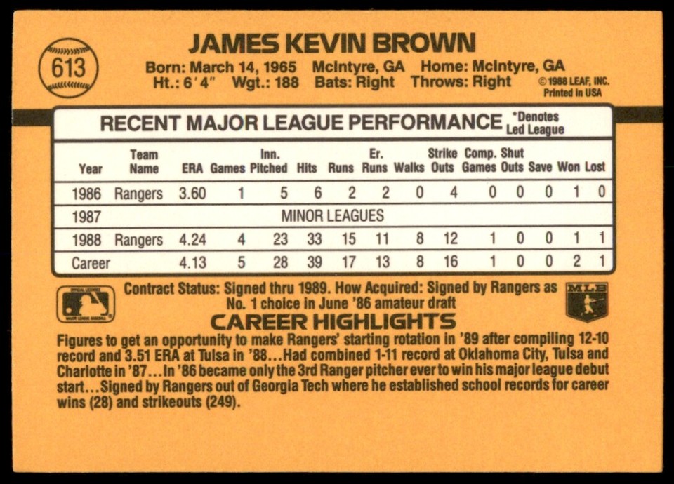 1989 Donruss #613 Kevin Brown RANGERS | eBay