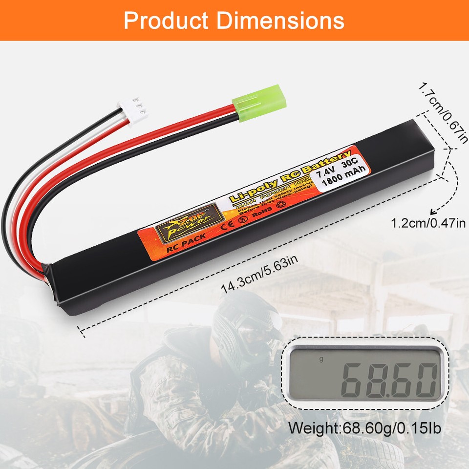 1800mah 7.4V Lipo Airsoft Battery Rechargeable 2S Hobby Battery with ...