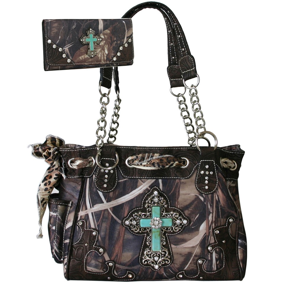Western Rhinestone Studded Cross Handbag Purse Wallet Set With Scarf ...