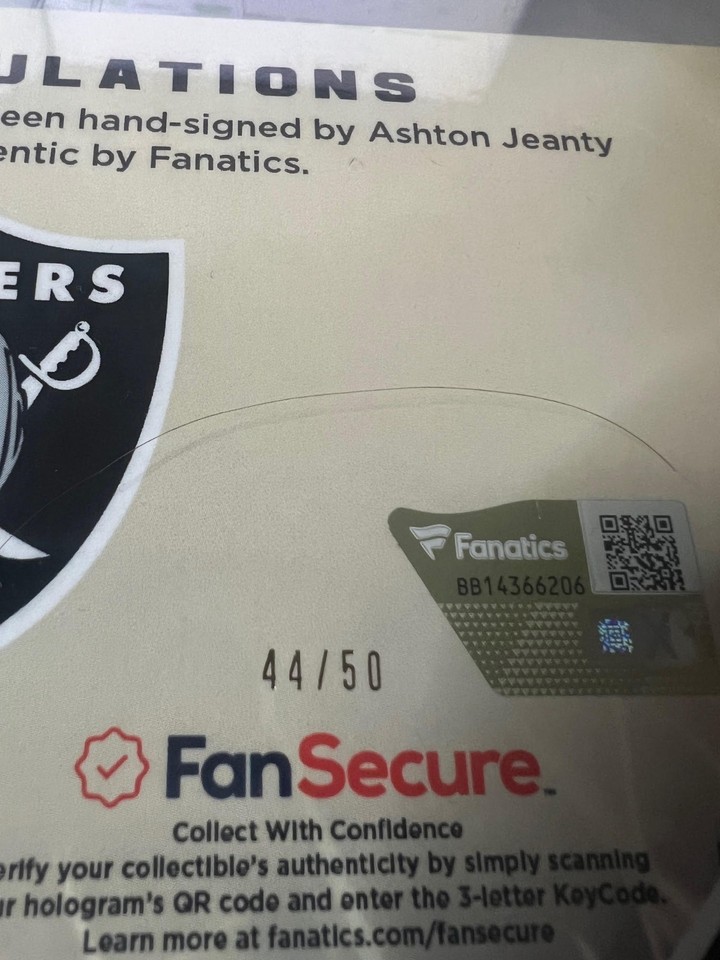 2025 Fanatics UW Emanate NFL Ashton Jeanty Gold 44/50 Las Vegas Raiders ...