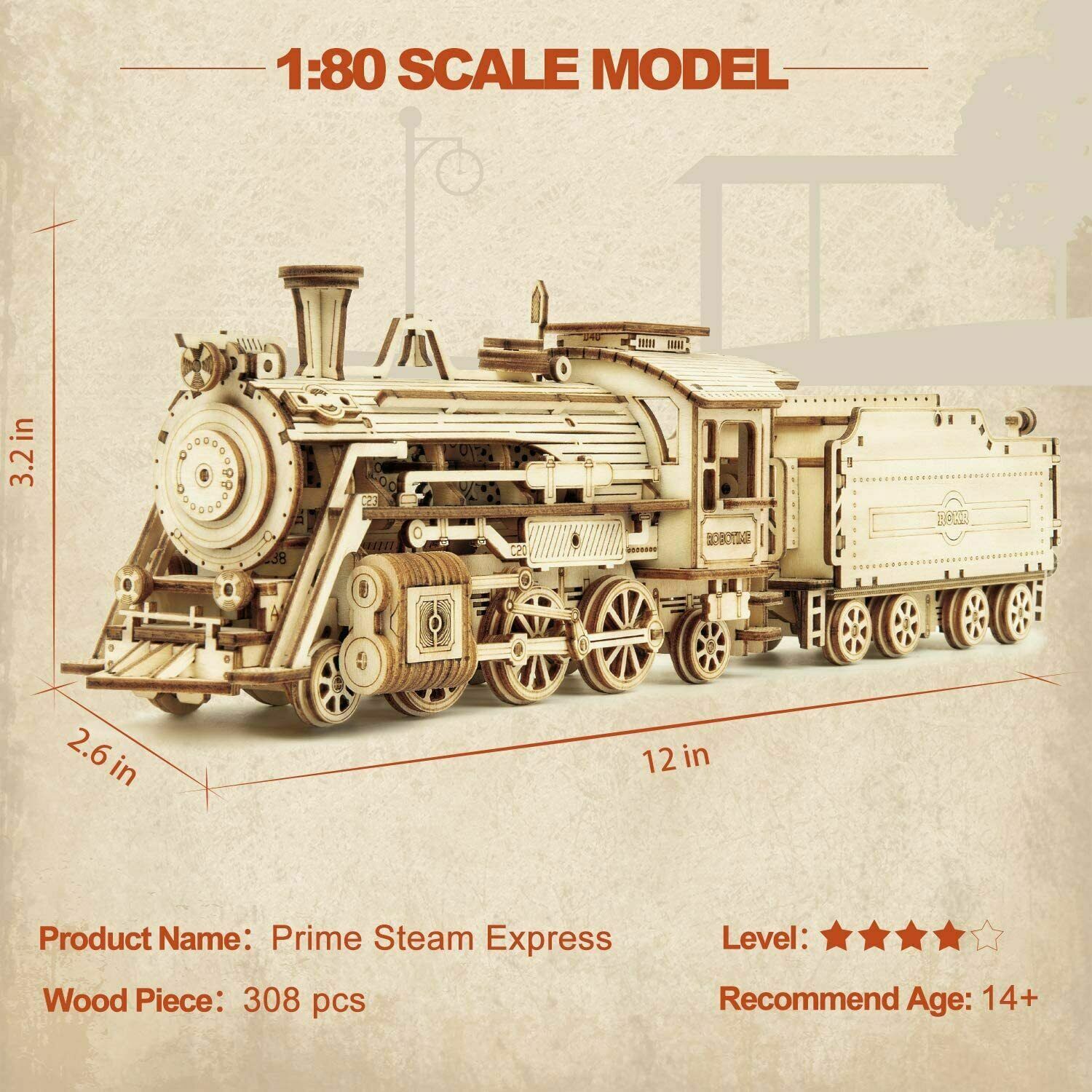 ROKR 1:80 308PCS 3D Wooden Puzzle DIY Laser Cut Luxury Steam Train ...