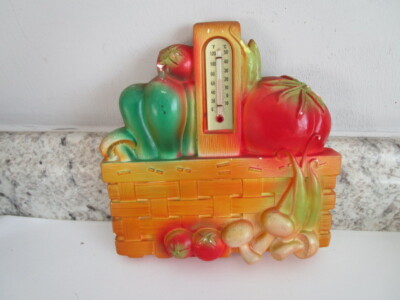 Vintage Chalkware Kitchen Kitsch Thermometer Vegetable Basket Wall ...