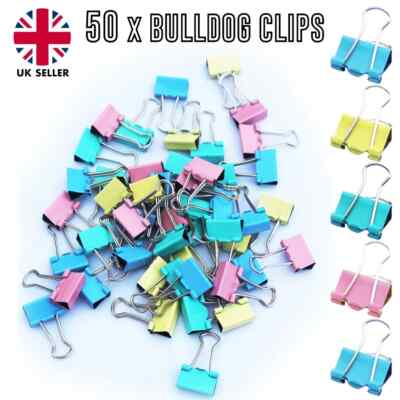 50 x Bulldog Clips Foldback 15mm Metal Binder paper Grip Assorted multi ...