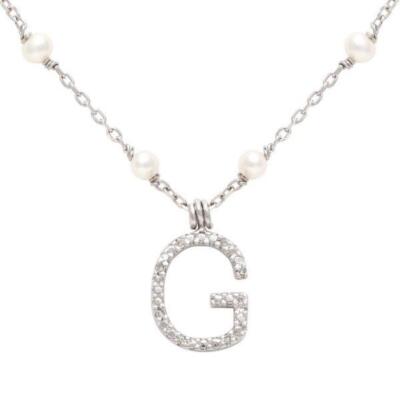 Platinum Sterling Silver & Diamonds Initial G Pearl Station Halo ...