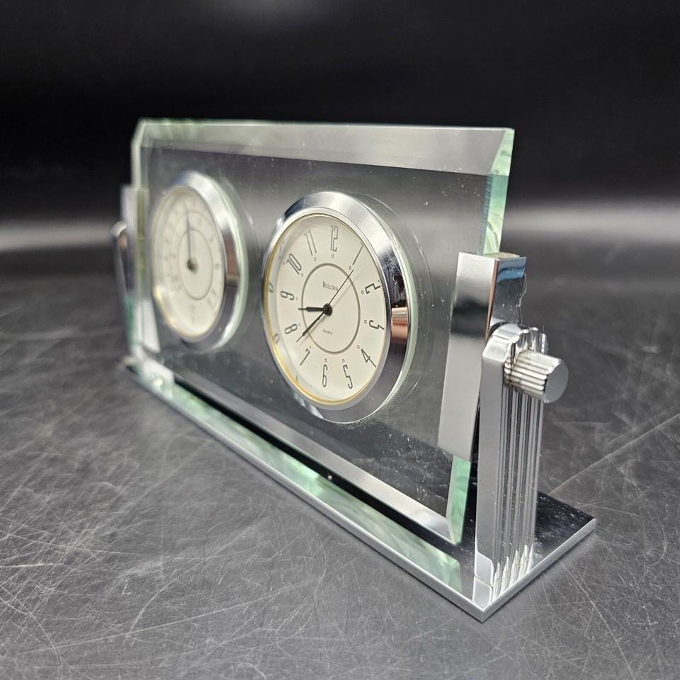 Bulova Art Deco Desk Clock Thermometer Glass Chrome | eBay