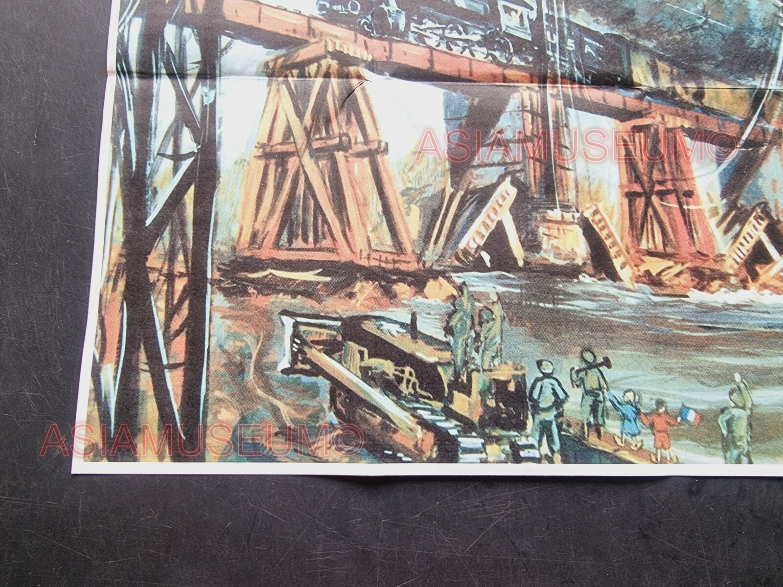 1943 WW2 AMERICA RAILROAD BRIDGE RAILWAY TRAIN ART PAINTING PROPAGANDA ...