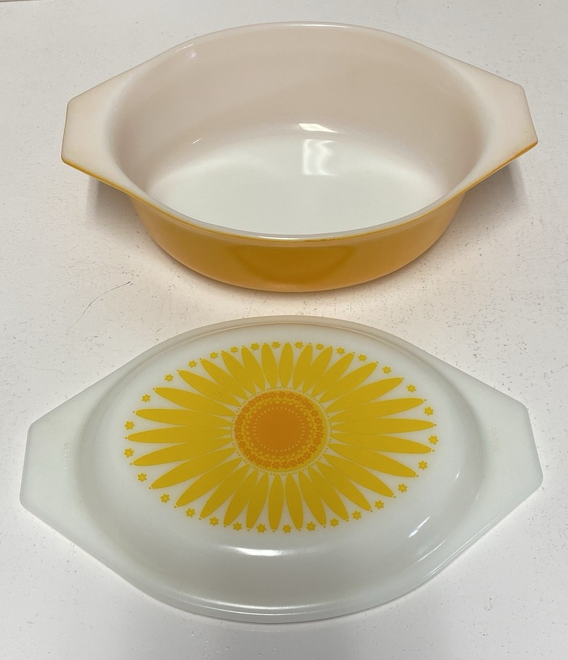 Vintage Pyrex Glass Daisy Sunflower 043 Orange Oval Casserole Dish ...