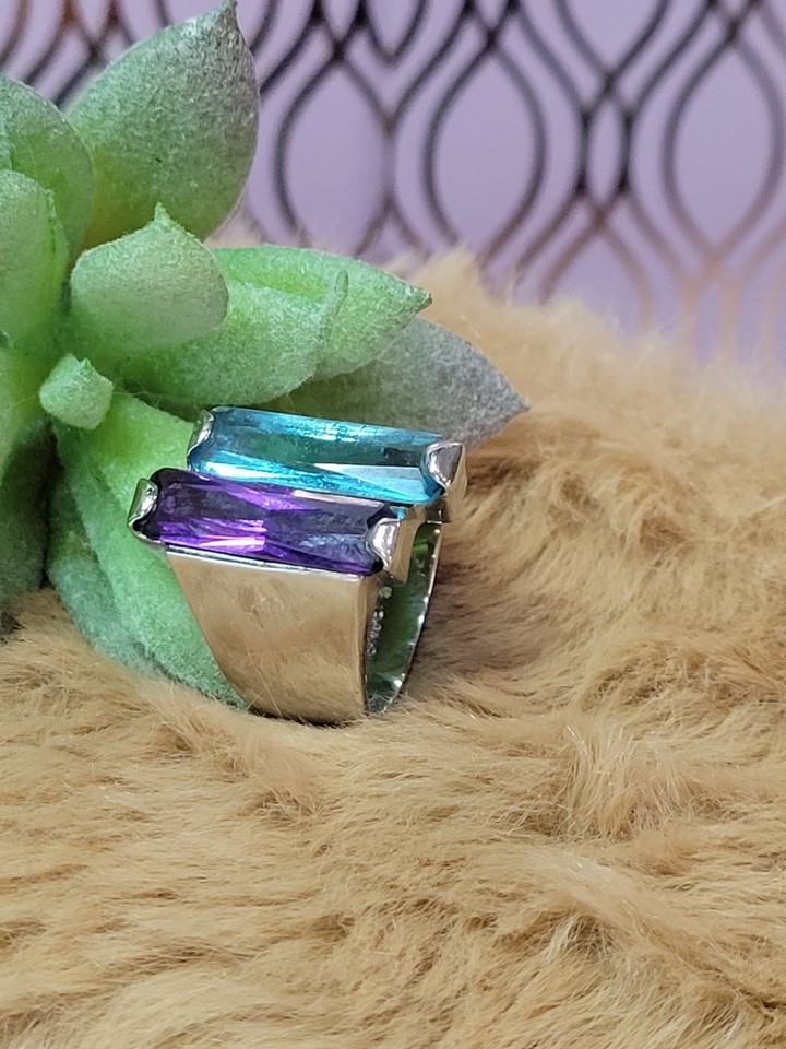 Purple And Teal Stone Silver Tone Ring Size 7 Unique Facet Nice Quality ...