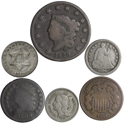 1796-1889 OBSOLETE TYPE SET 6PC LOT! LARGE + HALF CENT 1/2 DIME 2C, 3C ...