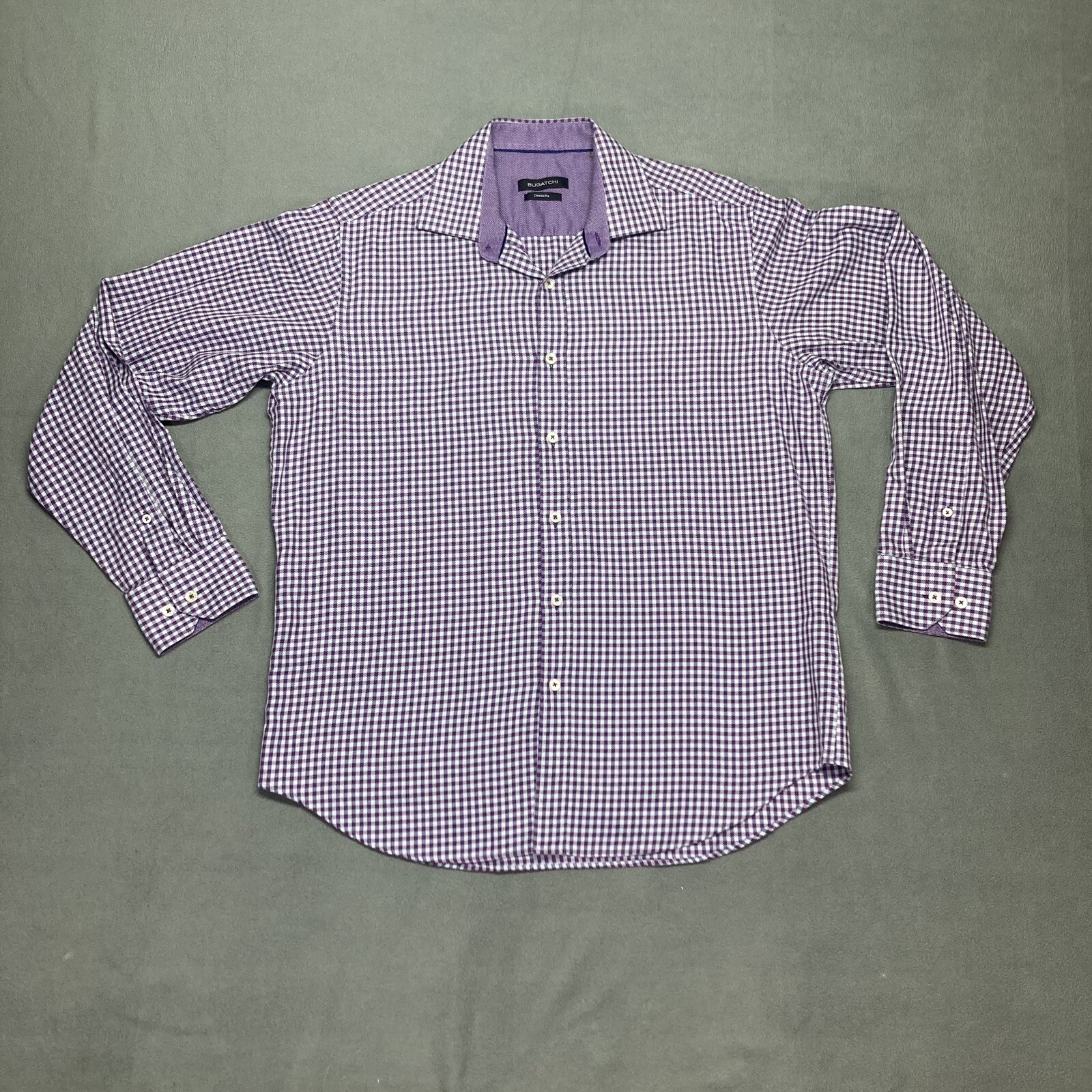 Bugatchi Mens Shirt Medium Purple Mini Check Pattern Classic Fit Long ...
