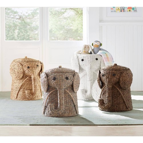 Elephant Hamper White Wicker Laundry Basket Clothes Bin Lid Woven Decor ...